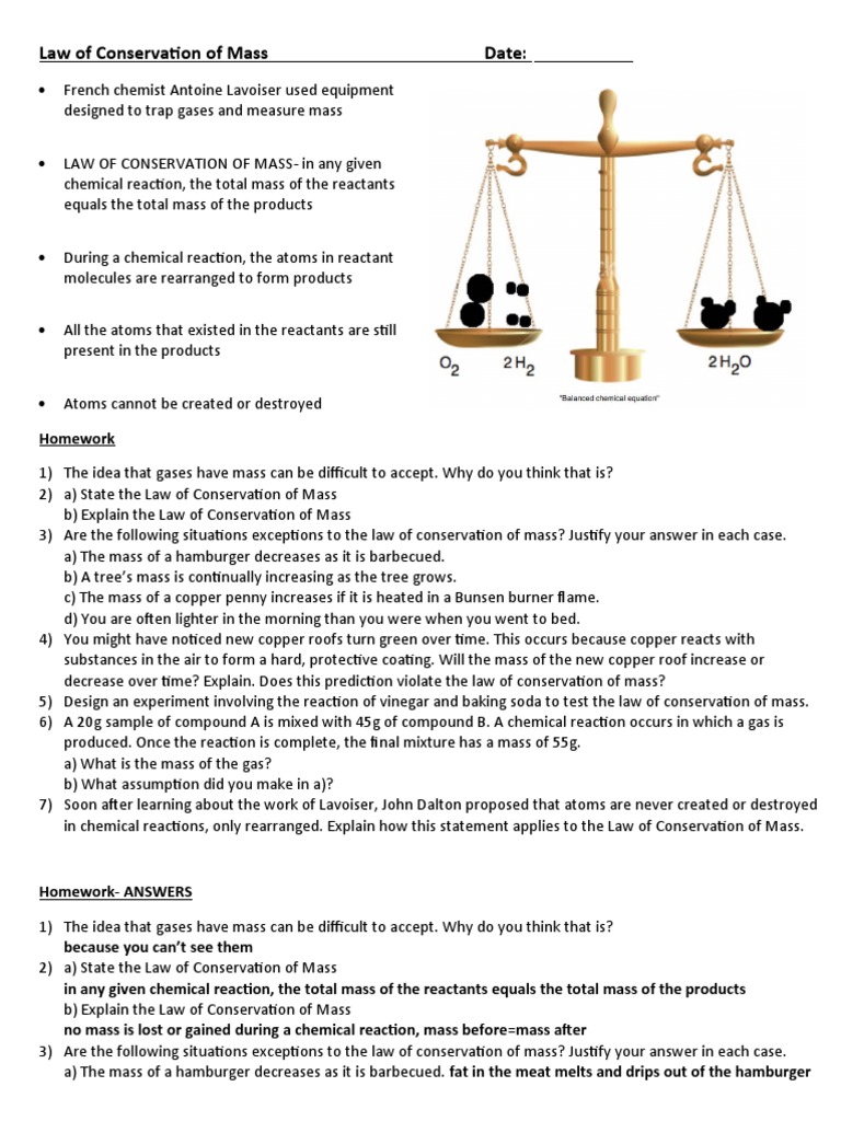 Law of Conservation of Mass Date:: Homework | PDF | Chemical Reactions ...