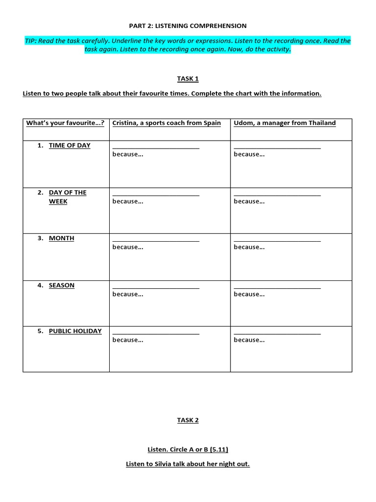 Listening Comprehension Tips & Tasks | PDF | Language Arts & Discipline ...