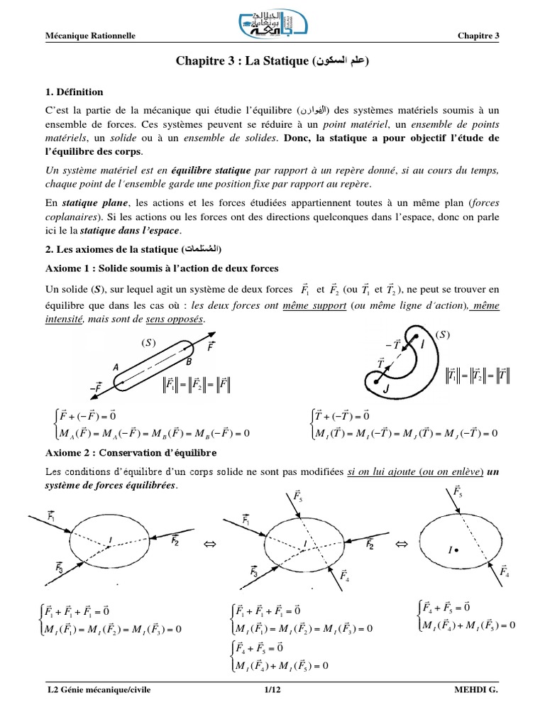 Introduction à la Statique en Mécanique | PDF | Friction | Obliger