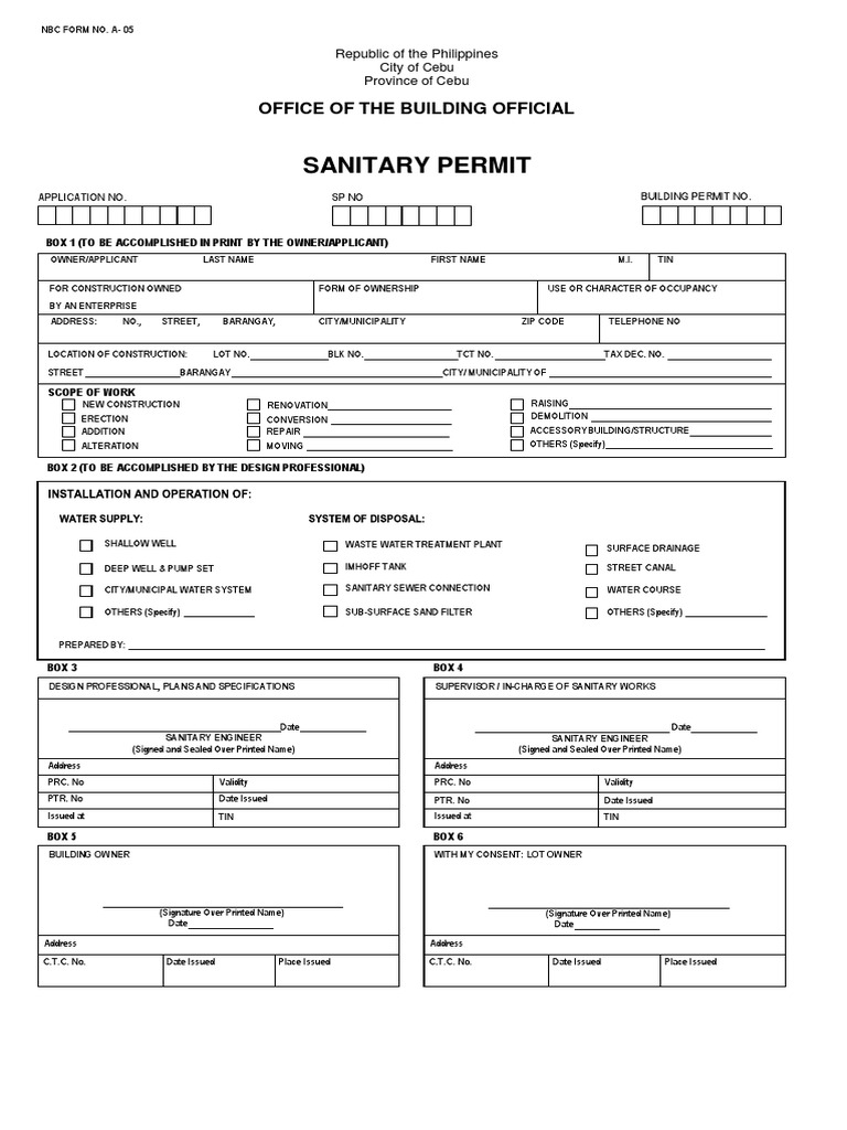Sanitary Permit: Office of The Building Official | PDF | Sanitation ...