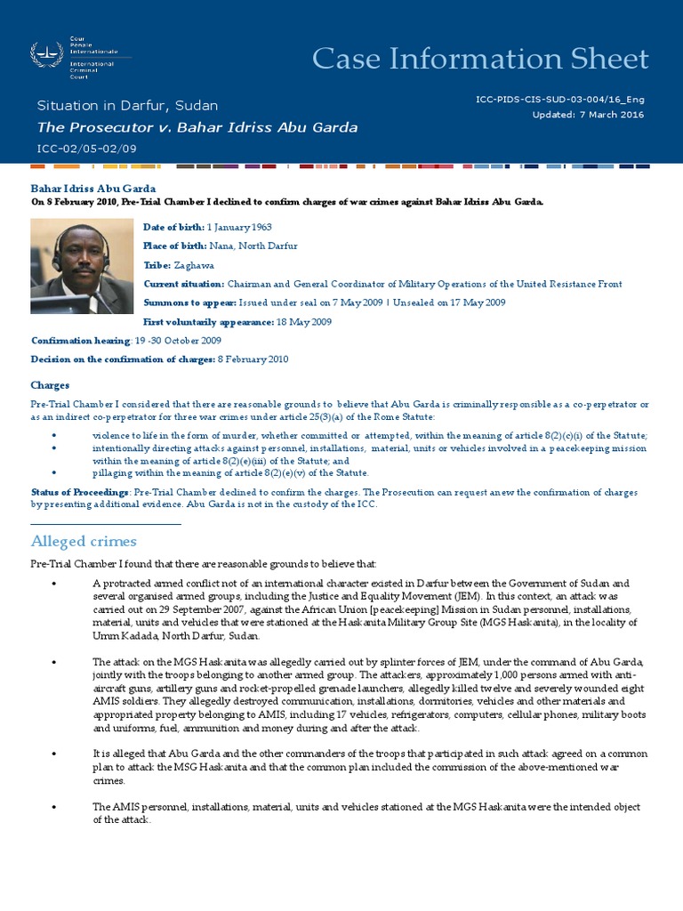 Case Information Sheet: The Prosecutor v. Bahar Idriss Abu Garda | PDF ...
