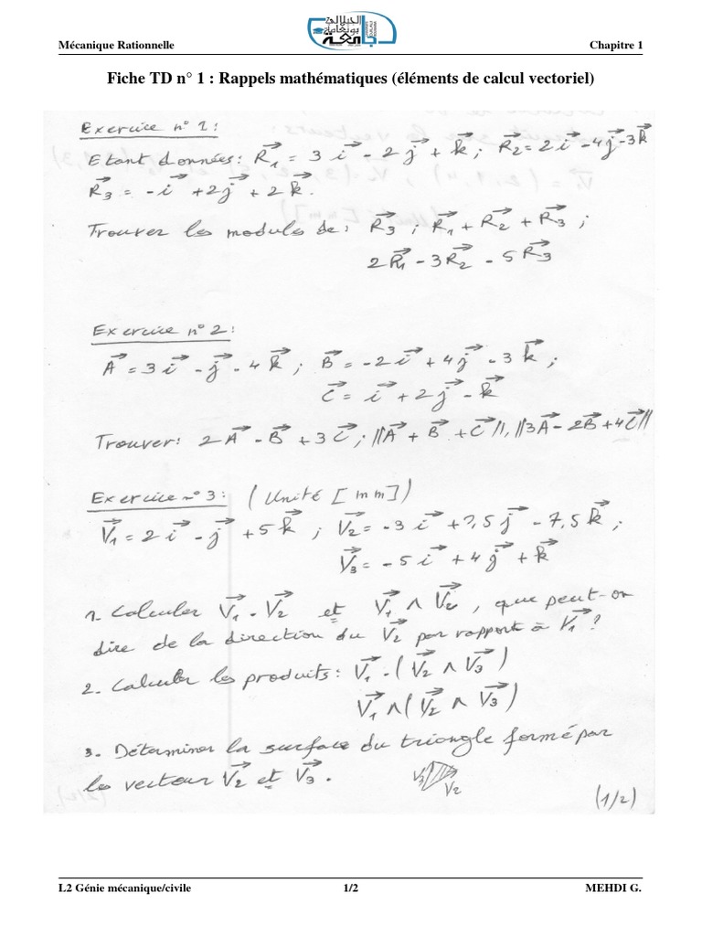 TD1 - Calcul Vectoriel | PDF