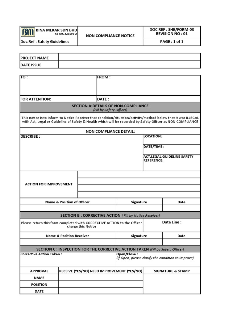 Notice of Non-Compliance with Safety Guidelines at a Construction ...