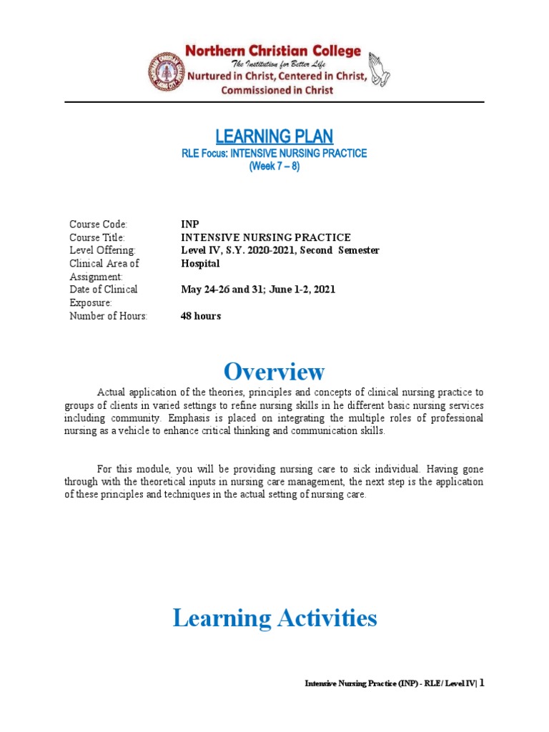 Week 9 10 Learning Plan in Intensive Nursing Practice | PDF | Nursing ...