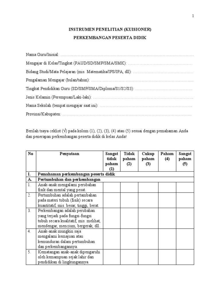 Kuisioner Perkembangan Peserta Didik | PDF | Karier & Perkembangan | Kesehatan Holistik