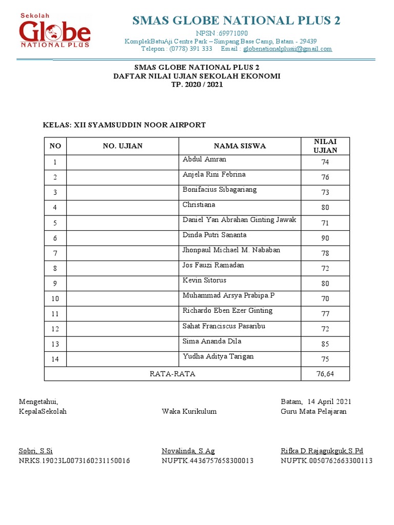 Form Nilai Us Sma | PDF