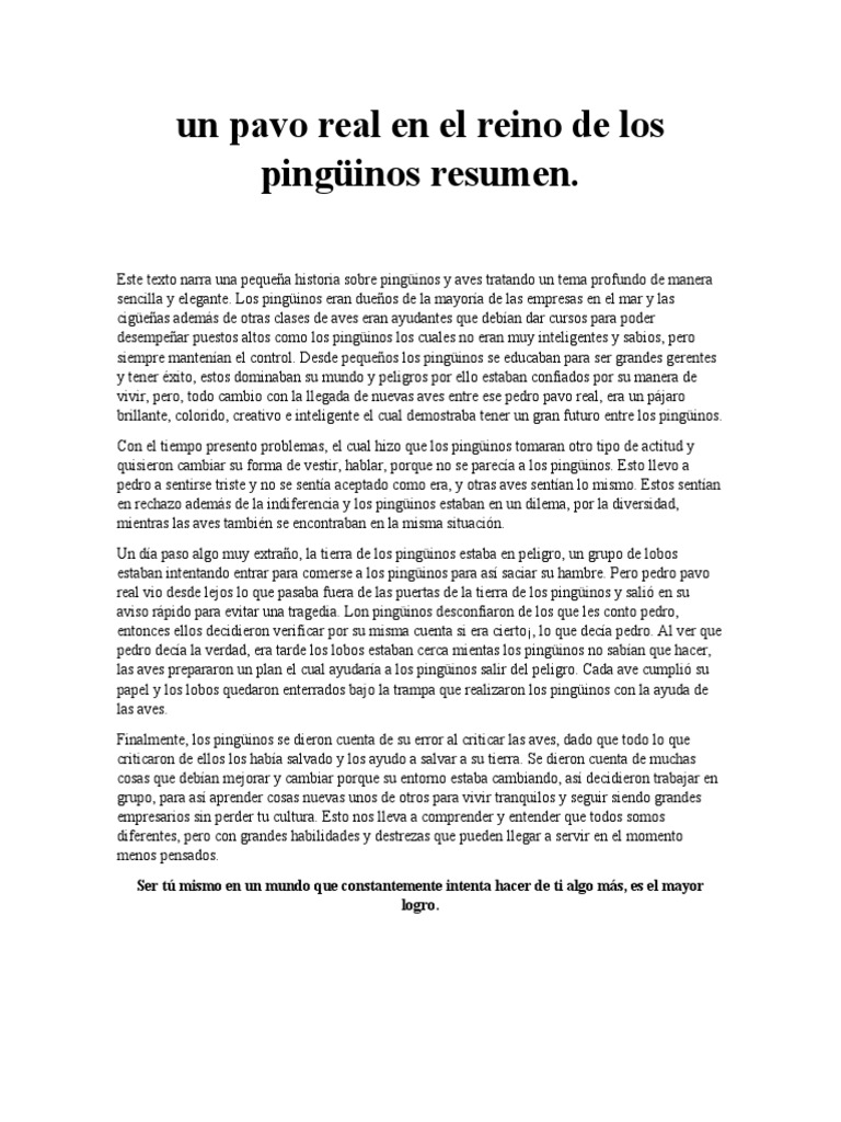 Un Pavo Real en El Reino de Los Pingüinos Resumen | PDF | Pingüino | Aves