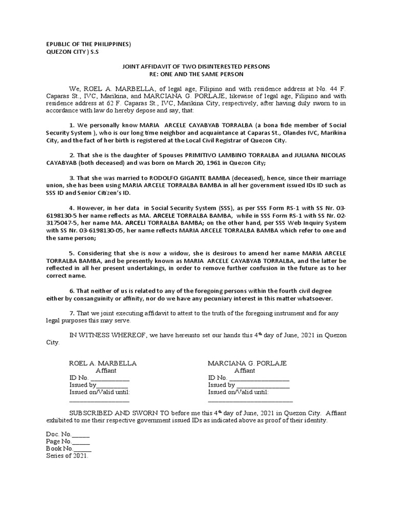 SSS Format Joint | PDF | Affidavit | Social Institutions