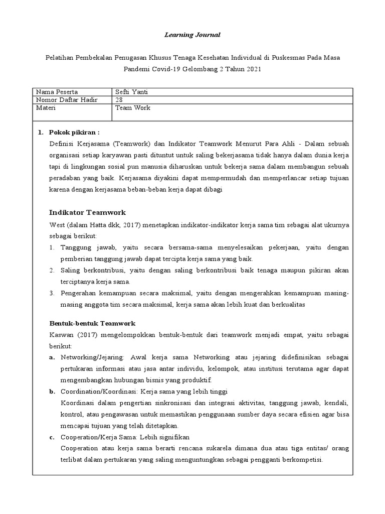 Learning Journal - Team Work - 28-6-Sefti Yanti | PDF