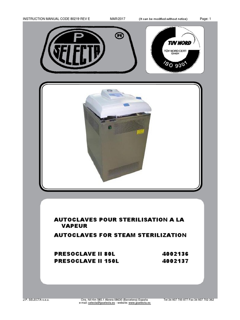 Manuel d'utilisation Autoclave JP Selecta | PDF | Stérilisation ...