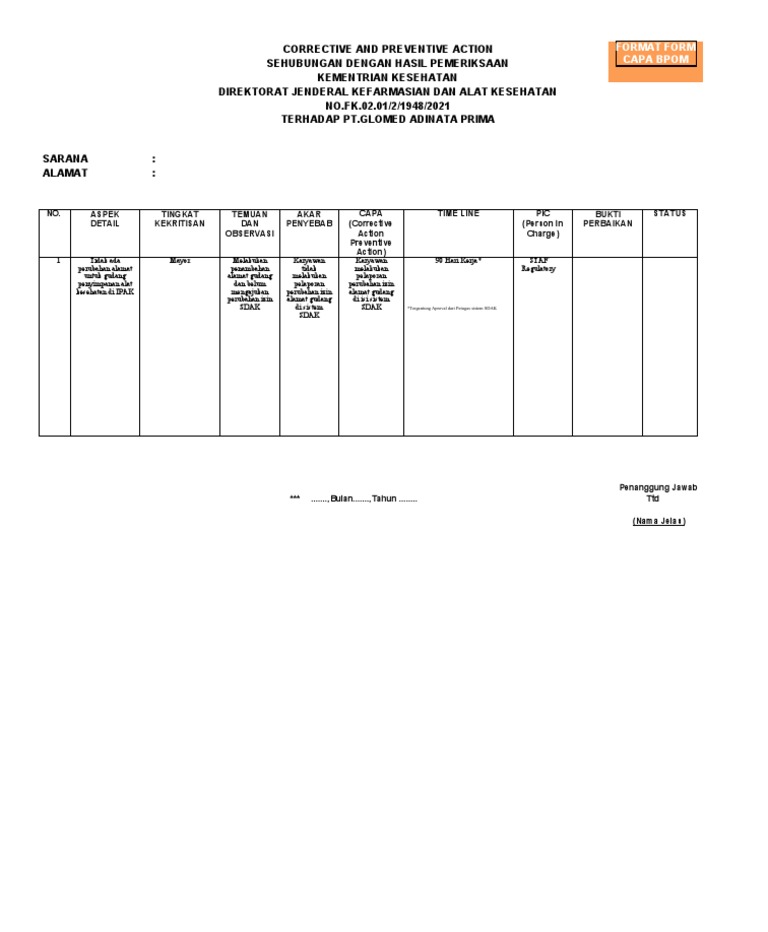Format CAPA untuk BPOM dan Kesehatan | PDF