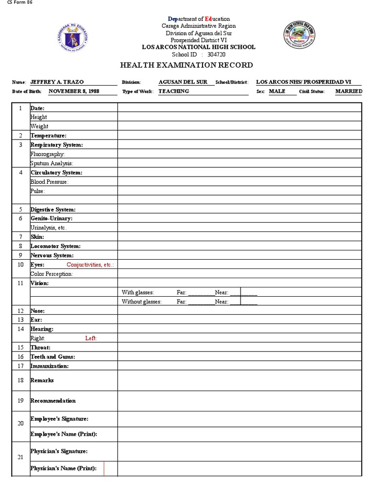 DepEd CS Form 86 Health Record | PDF