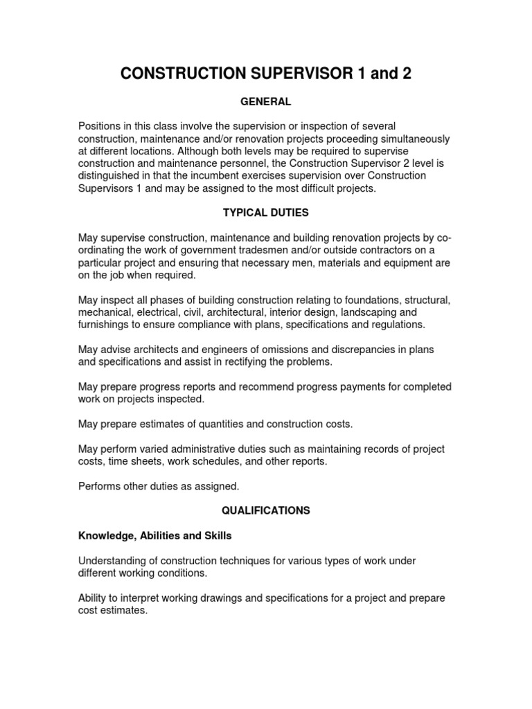 Construction Supervisor 1 and 2: General | PDF | Business