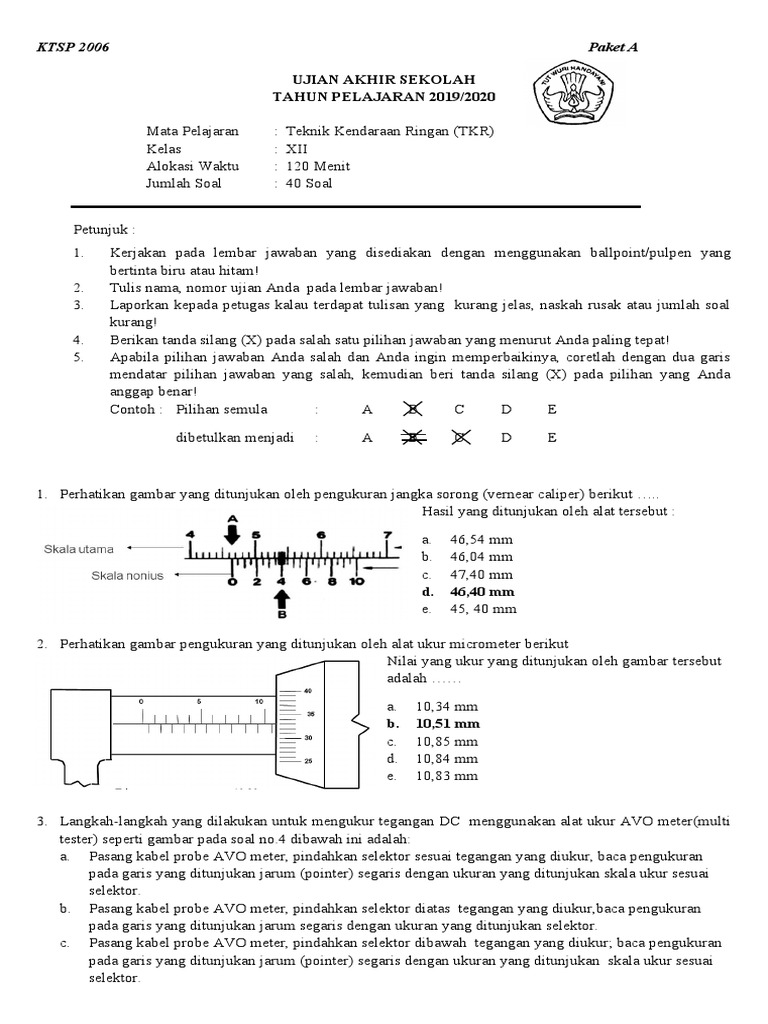 Soal Teori TKR 2019 - 2020 PAKET A (KTSP 2006) | PDF