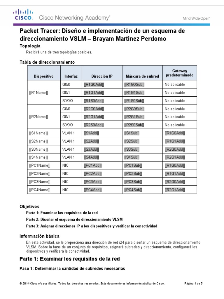 Packet Tracer: Diseño e Implementación de Un Esquema de Direccionamiento VSLM - Brayam Martinez ...