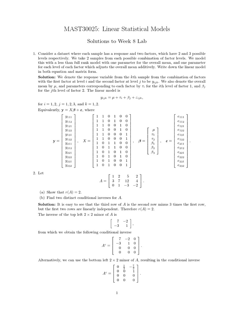 MAST30025: Linear Statistical Models: Solutions To Week 8 Lab | PDF ...