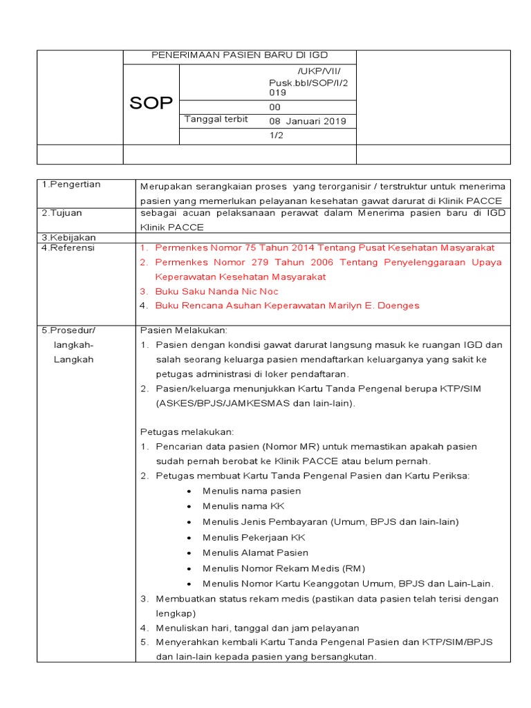 Sop Penerimaan Pasien Baru Di Igd | PDF