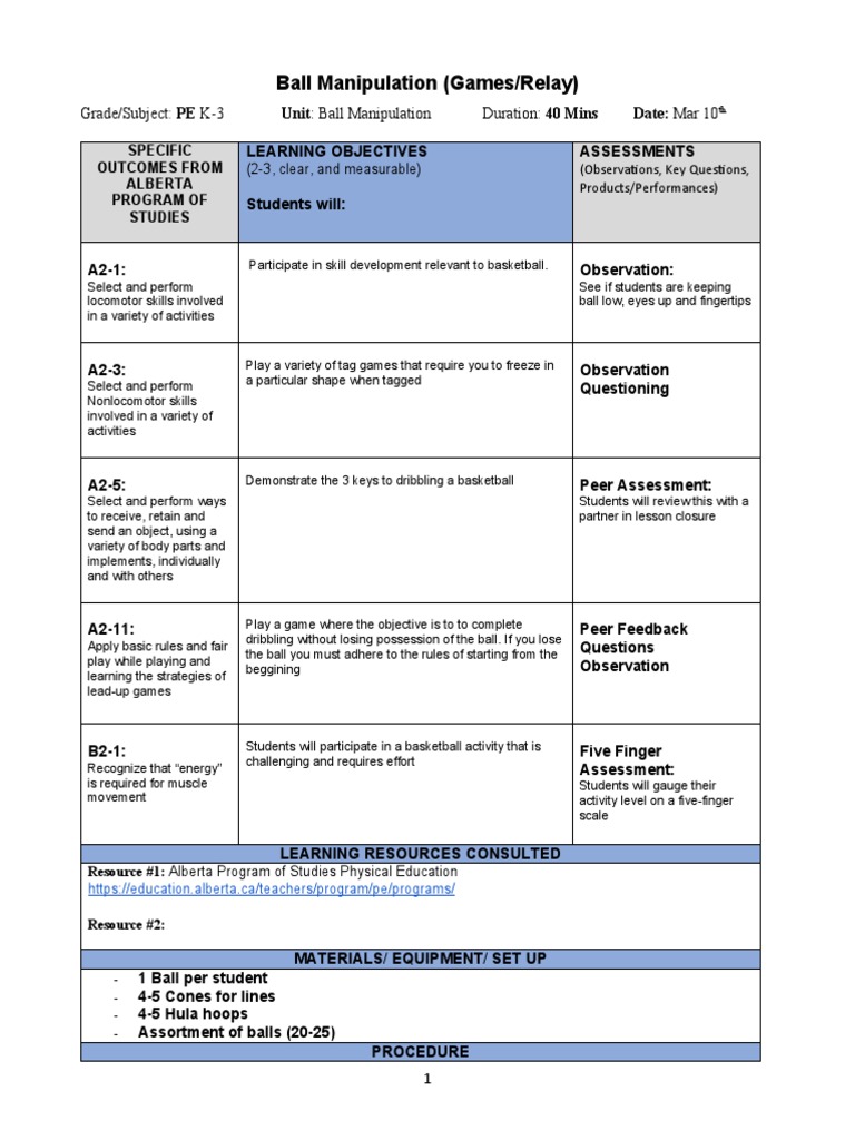 Ball Manipulation (Games/Relay) : Grade/Subject: PE K-3 Duration: 40 ...