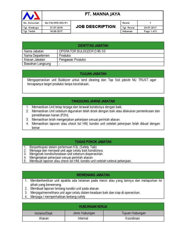 Jobdesk Operator Dozer | PDF