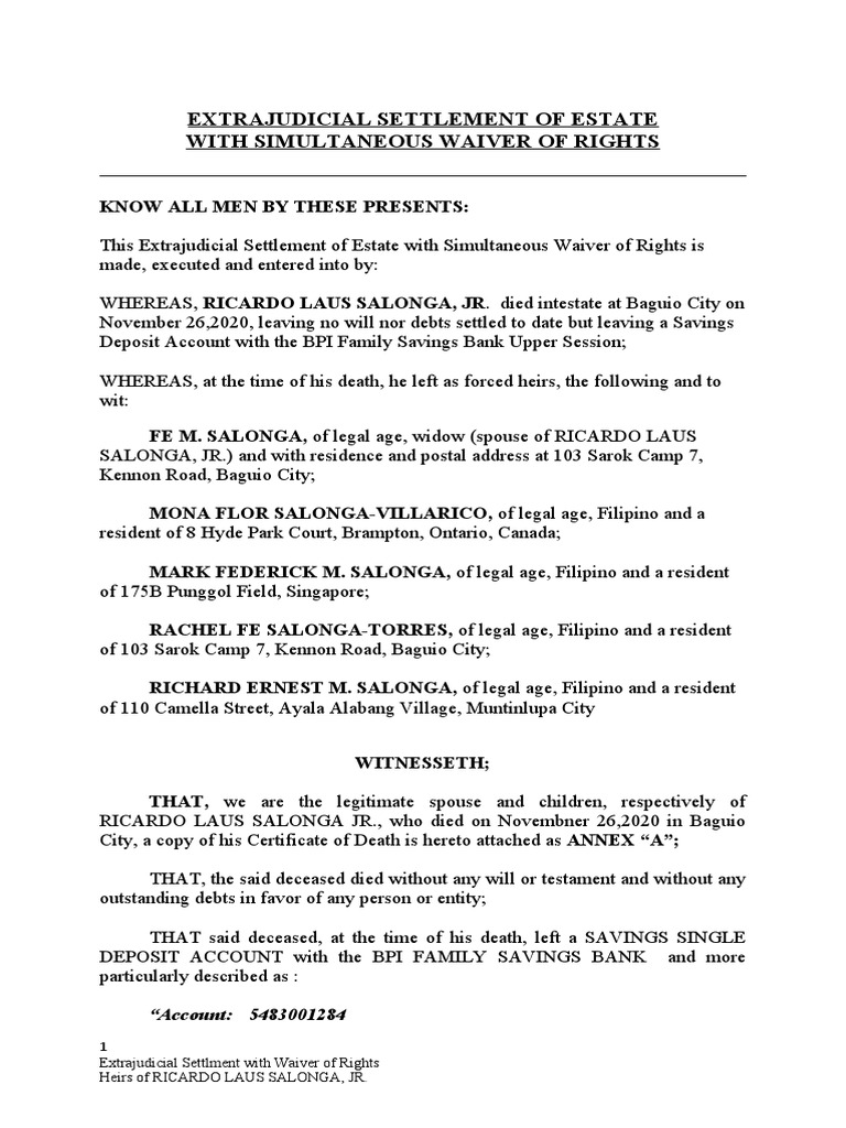 Extrajudicial Settlement of Estate With Simultaneous Waiver of Rights ...