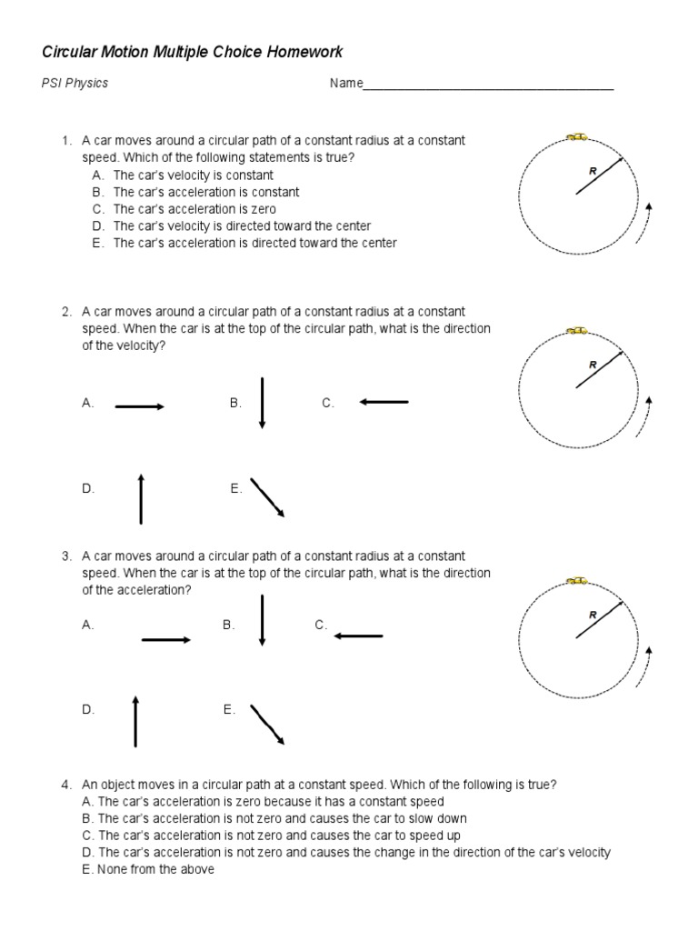 Circular Motion Multiple Choice Homework: PSI Physics | PDF ...