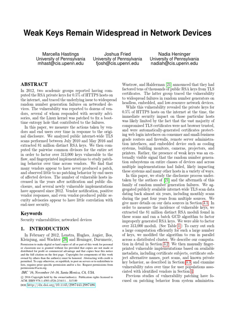 Weak Keys Remain Widespread in Network Devices | Download Free PDF ...