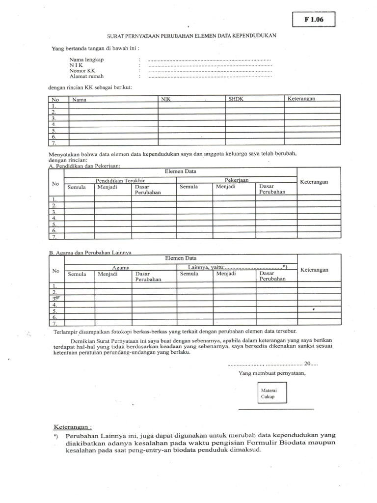 Formulir Perubahan Elemen Data F-1.06 | PDF