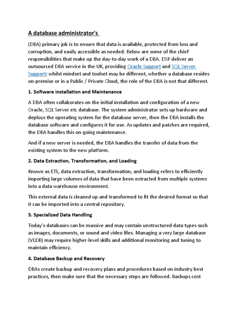 A Database Administrator's: Oracle Support SQL Server Support | PDF | Databases | Backup