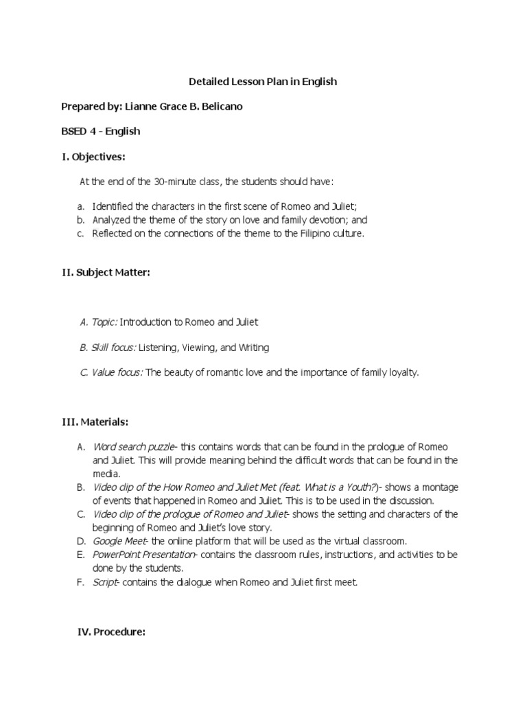 Romeo and Juliet Lesson Plan Overview | PDF | Romeo And Juliet ...