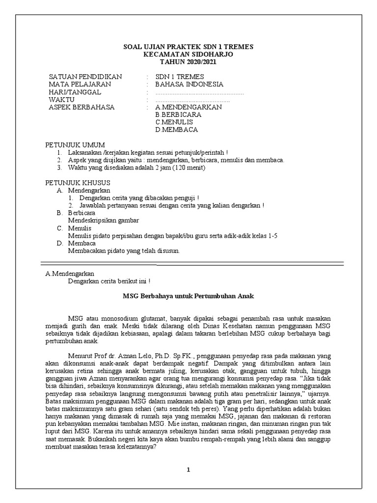 Soal Ujian Praktek SDN I Tremes | PDF