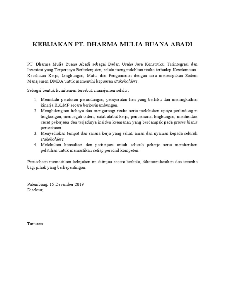 Kebijakan Pt. Dmba | PDF | Bisnis