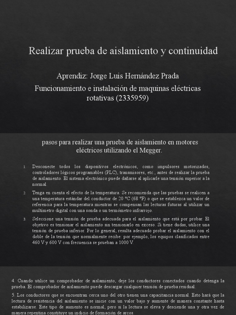Presentación prueba de aislamiento | PDF | Aislador (Electricidad) | Corriente eléctrica