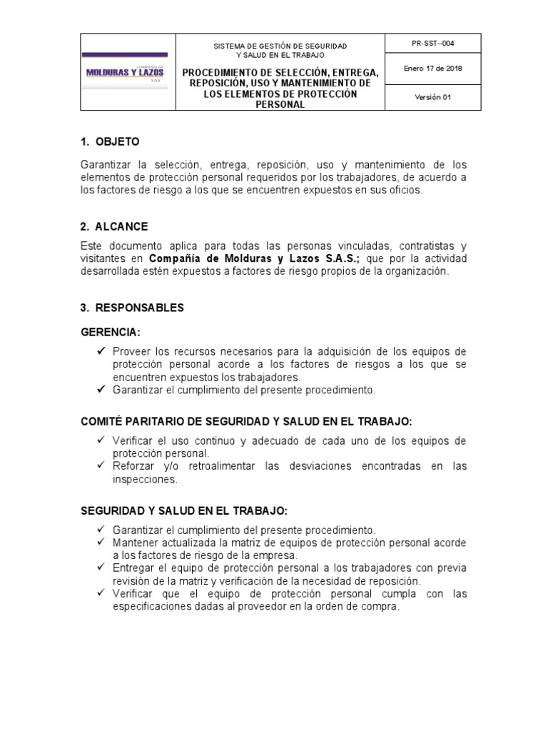 PR-SST-004 Procedimiento de Selección, Entrega, Reposición, Uso y Mantenimiento de EPP | PDF ...