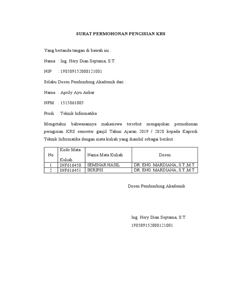 Surat Permohonan Pengisian Krs | PDF
