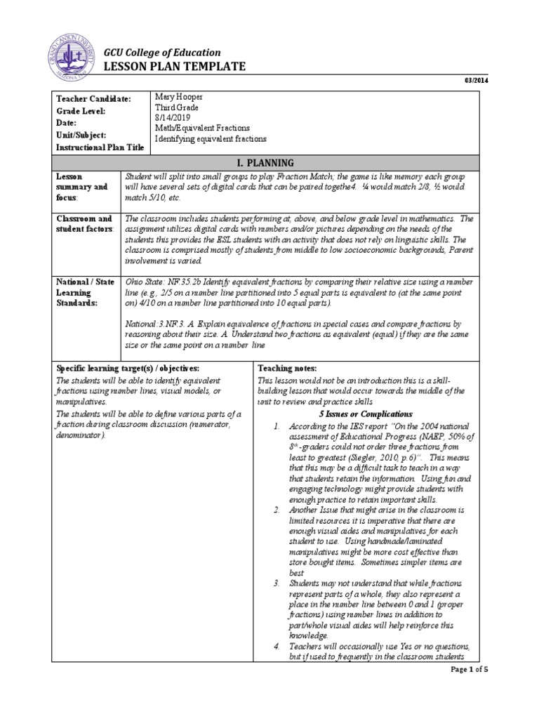 Edu470 t3 Fraction Lesson Plan With Differentiated Activities Completed ...