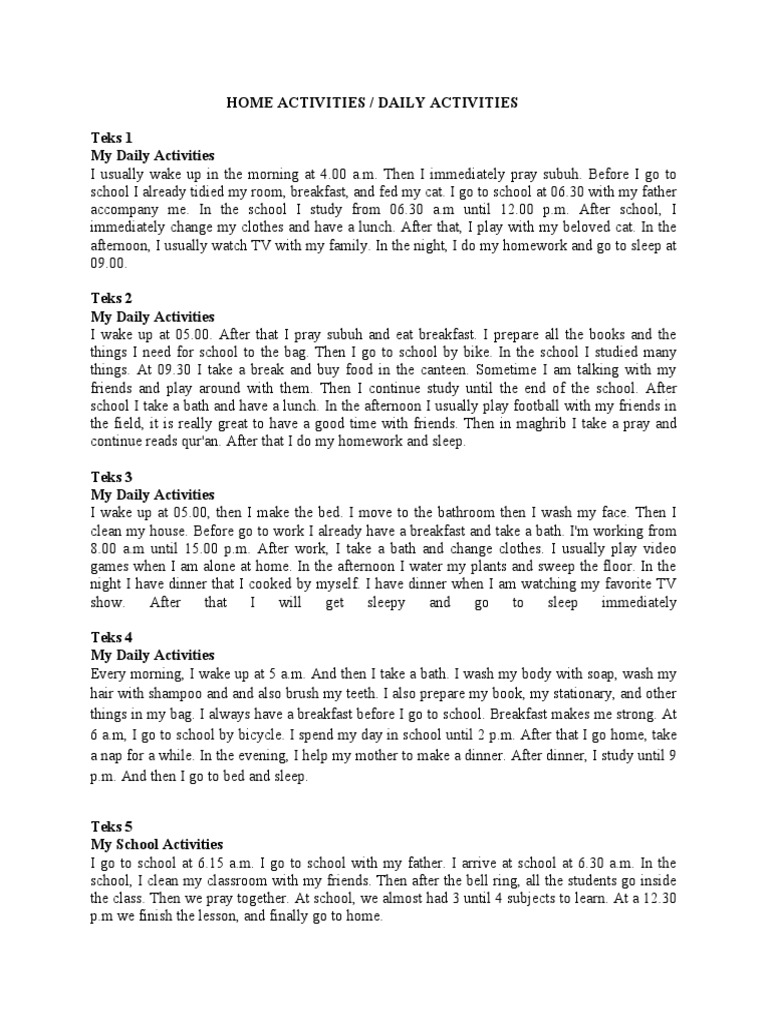 Home Activities / Daily Activities Teks 1 My Daily Activities | PDF | Foods