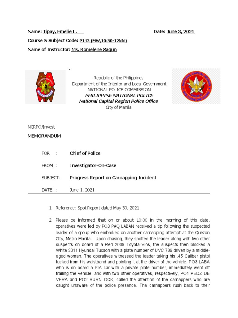 Police Report: Carnapping Progress | PDF | Metro Manila | Crime & Violence
