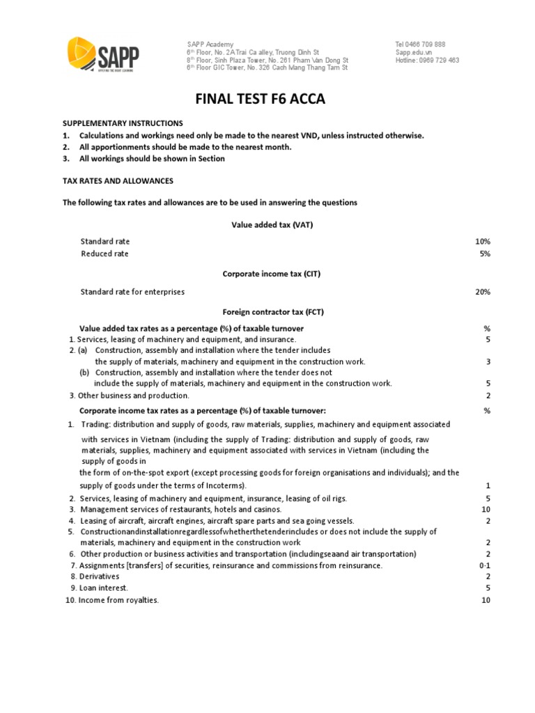 Final Test F6 Acca: TH TH TH | Download Free PDF | Corporate Tax In The ...