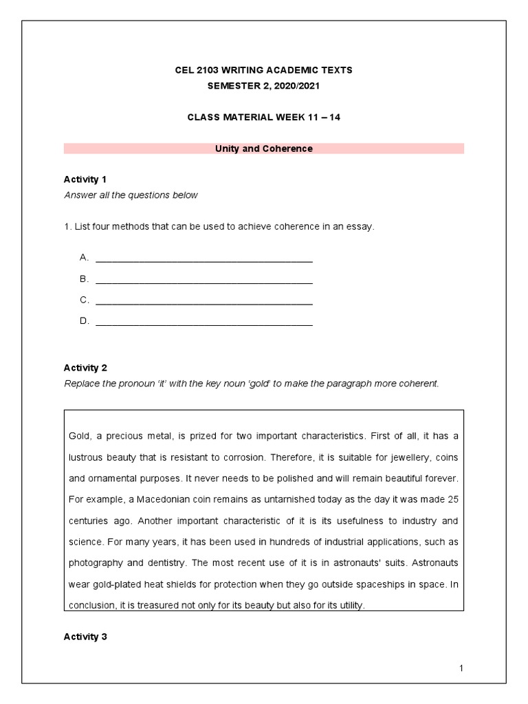 Cel 2103 Writing Academic Texts SEMESTER 2, 2020/2021: Answer All The ...