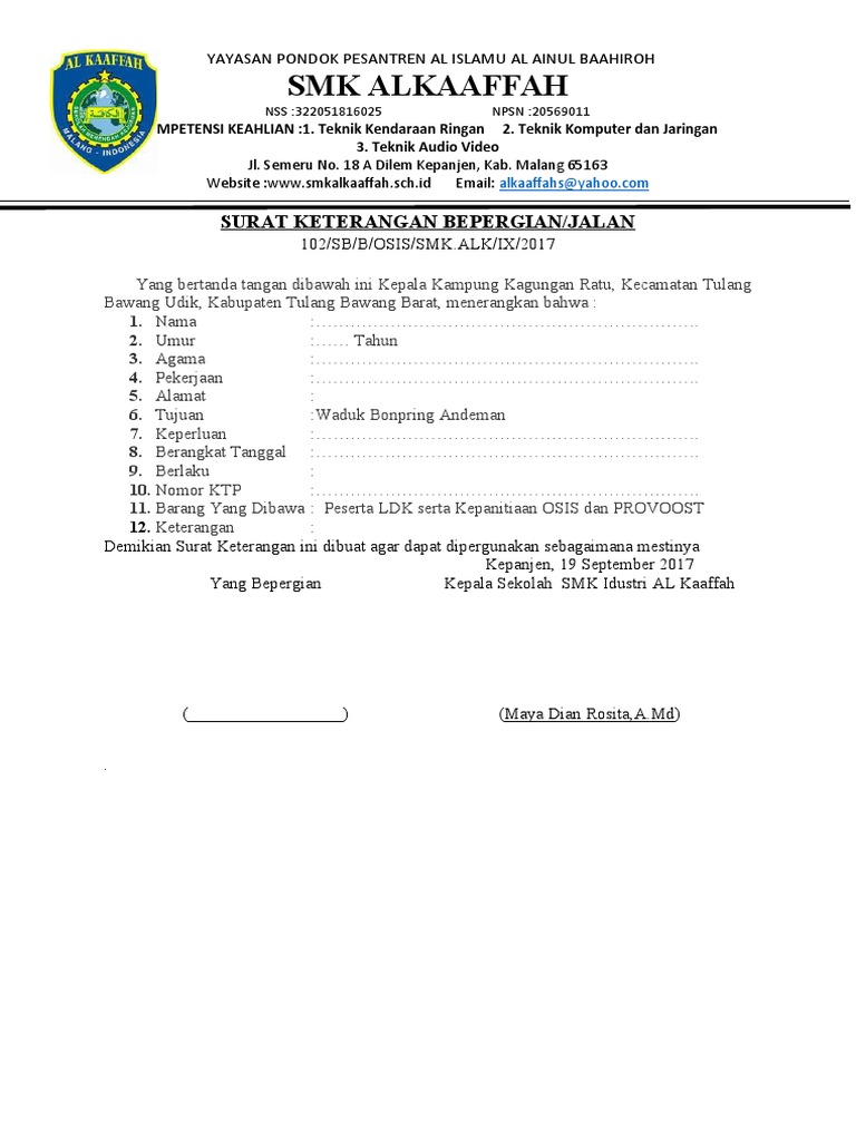 Surat Keterangan Bepergian Sekolah | PDF