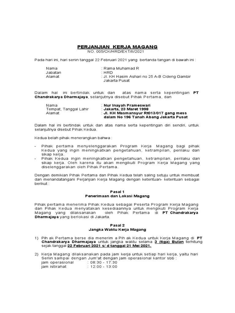 Perjanjian Magang PT Chandrakarya | PDF | Bisnis | Pengelolaan Keuangan ...