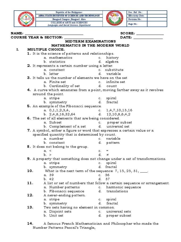 Midterm - Math Modern World | PDF | Set (Mathematics) | Pattern