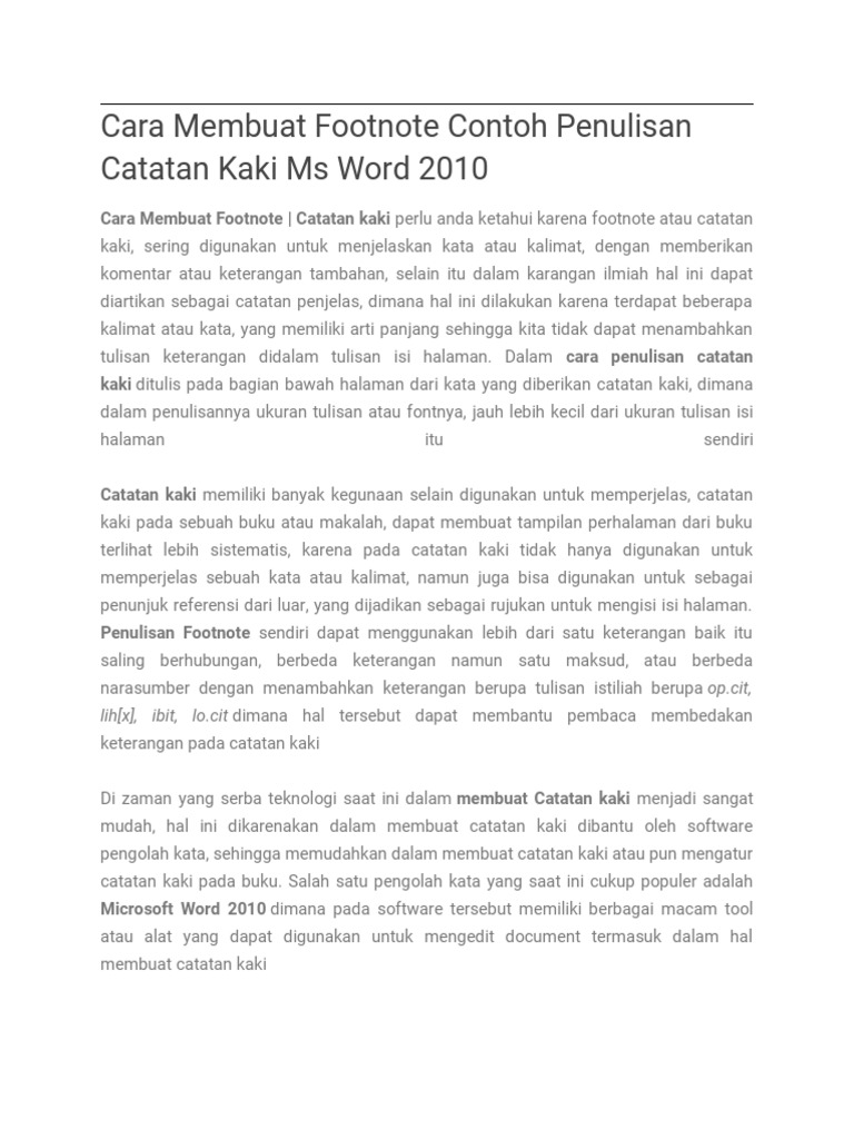Cara Membuat Footnote Contoh Penulisan Catatan Kaki Ms Word 2010 | PDF