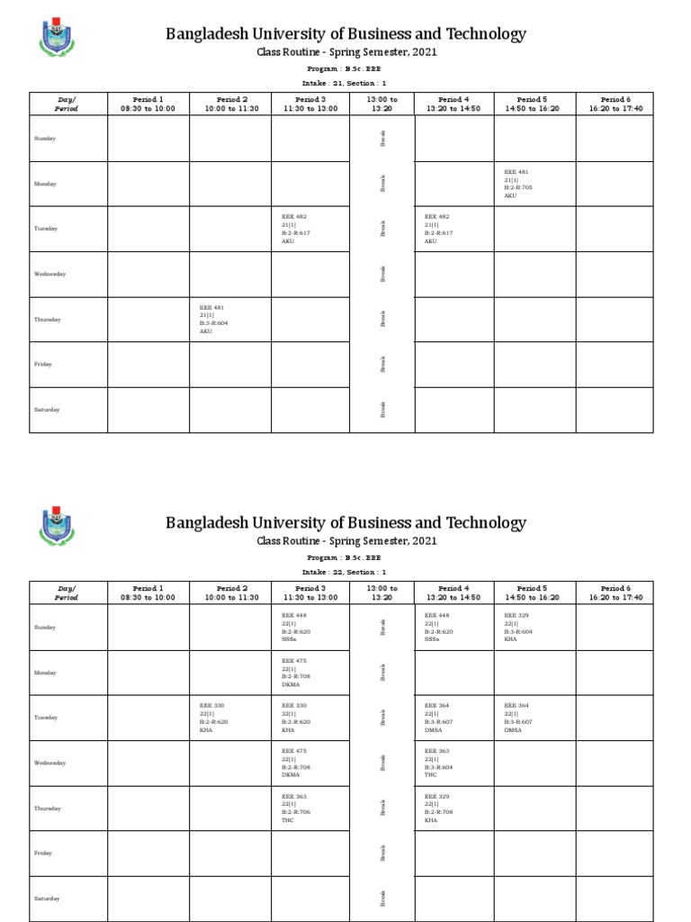Bangladesh University of Business and Technology: Class Routine ...
