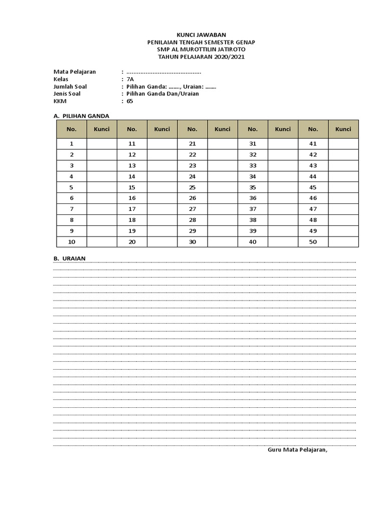 Kunci Jawaban Ujian SMP Al Murottilin | PDF