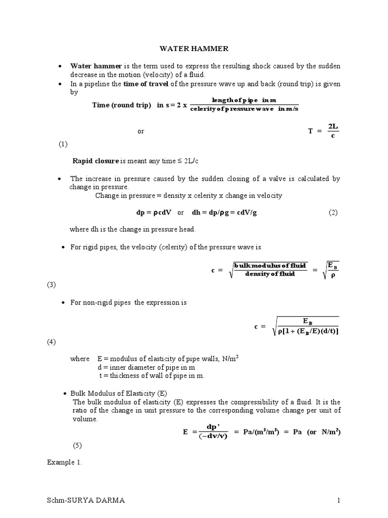 Water Hammer: M/s in Wave Pressure of Celerity M in Pipe of Length ...