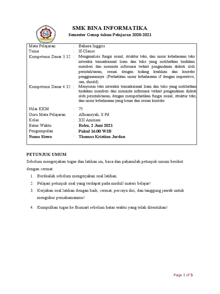 SMK Bina Informatika: Semester Genap Tahun Pelajaran 2020-2021 | PDF ...