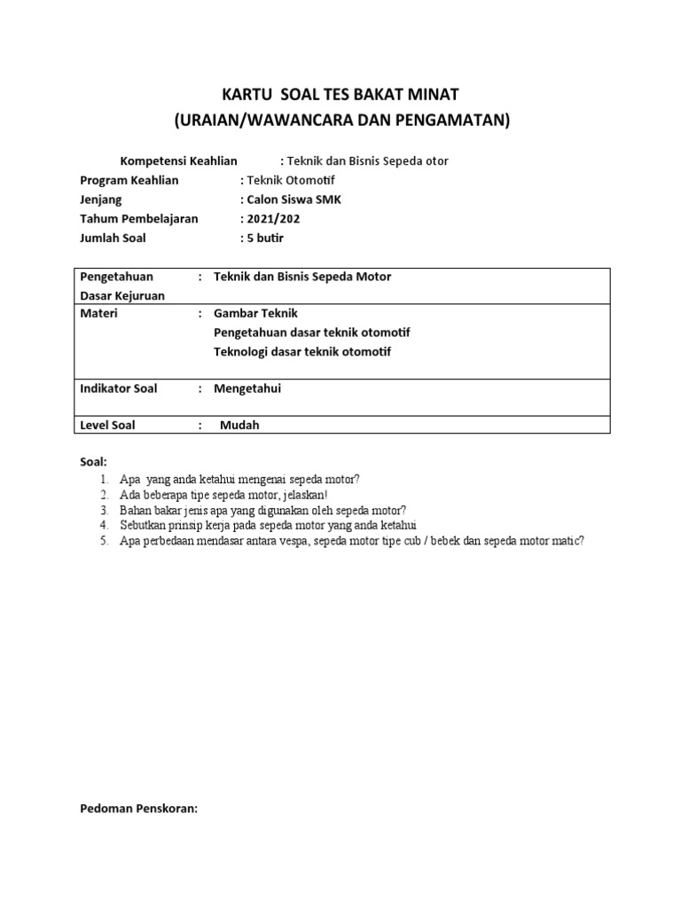 Format Kartu Soal Uraian | PDF