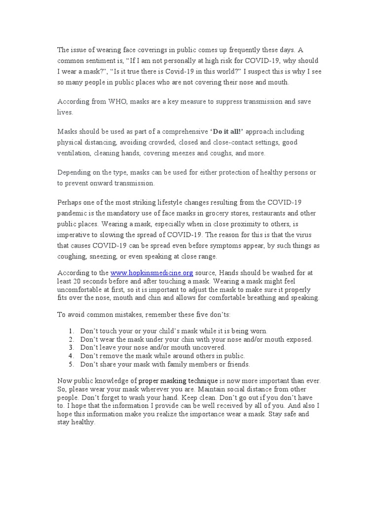 Importance of Wearing Face Masks | PDF | Social Science | Wellness