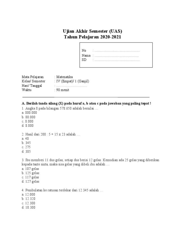 Soal Uas MTK Kls 4 Smt1 - Candraedukasi | PDF | Griya & Taman